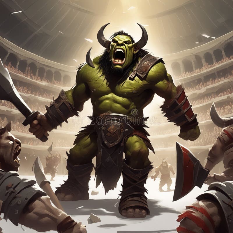 A Thrall Orc Gladiator in a Crowded Coliseum Screaming with an Ax in ...
