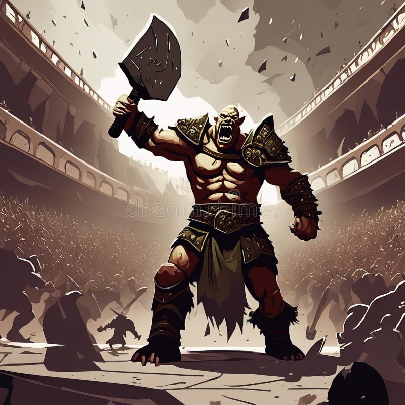 A Thrall Orc Gladiator in a Crowded Coliseum Screaming with an Ax in ...