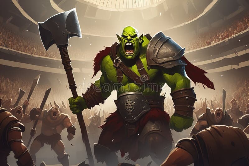 A Thrall Orc Gladiator in a Crowded Coliseum Screaming with an Ax in ...