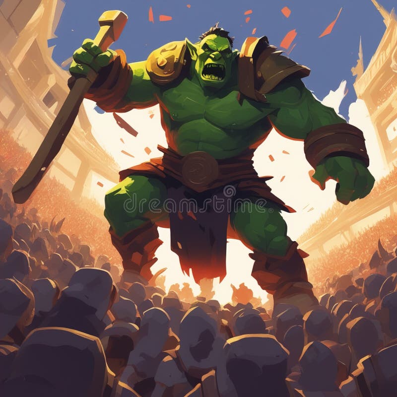 A Thrall Orc Gladiator in a Crowded Coliseum Screaming with an Ax in ...