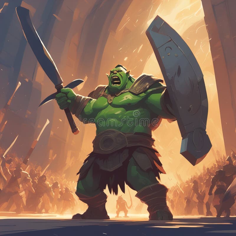 A Thrall Orc Gladiator in a Crowded Coliseum Screaming with an Ax in ...