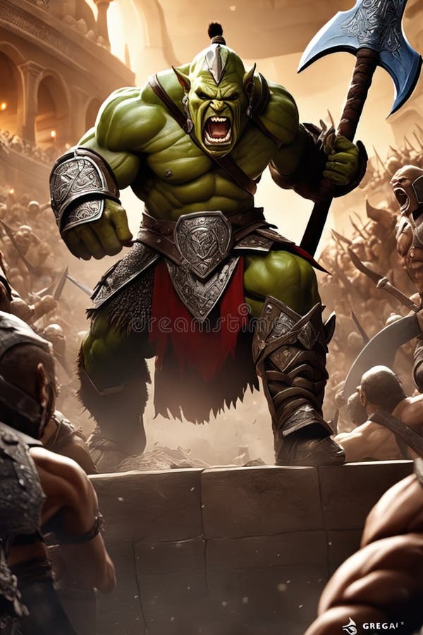 A Thrall Orc Gladiator in a Crowded Coliseum Screaming with an Ax in ...