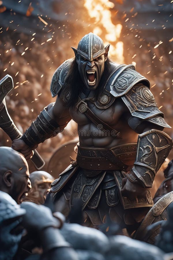 A Thrall Orc Gladiator in a Crowded Coliseum Screaming with an Ax in ...