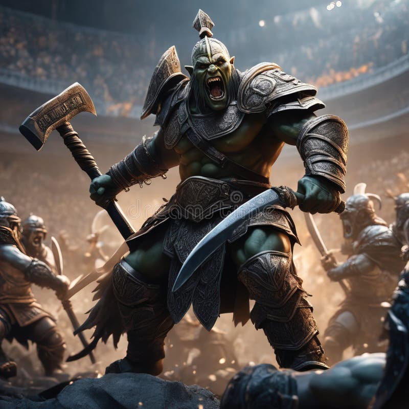 A Thrall Orc Gladiator in a Crowded Coliseum Screaming with an Ax in ...