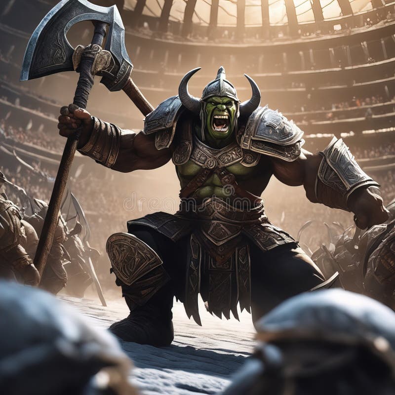 A Thrall Orc Gladiator in a Crowded Coliseum Screaming with an Ax in ...