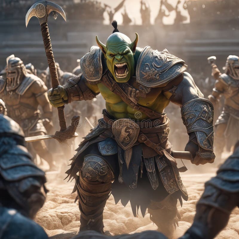 A Thrall Orc Gladiator in a Crowded Coliseum Screaming with an Ax in ...