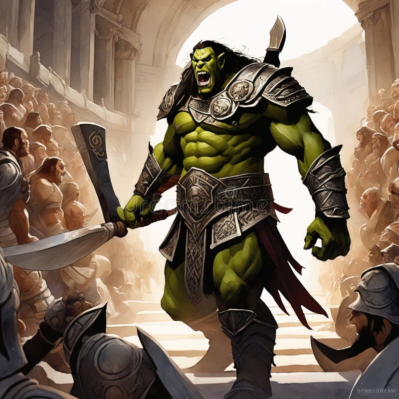 A Thrall Orc Gladiator in a Crowded Coliseum Screaming with an Ax in Hand, AI Generated Stock ...