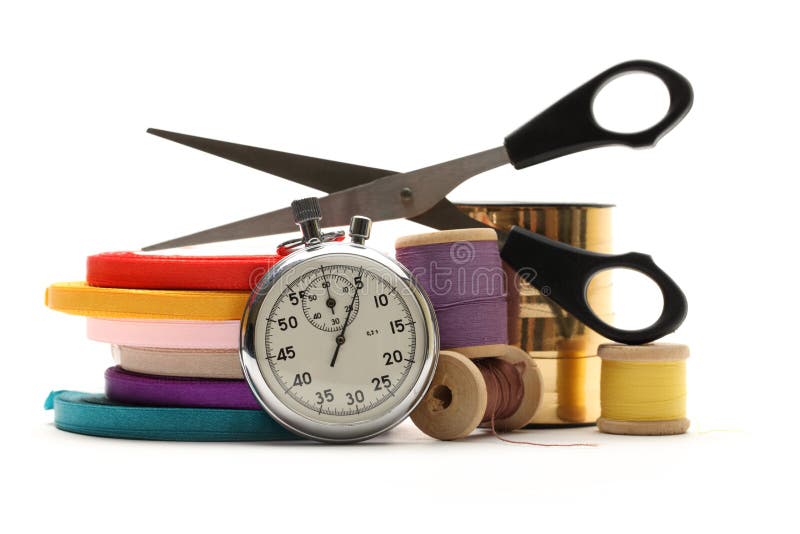 Thread Bobbins, Stopwatch, Scissors Stock Image - Image of gift ...