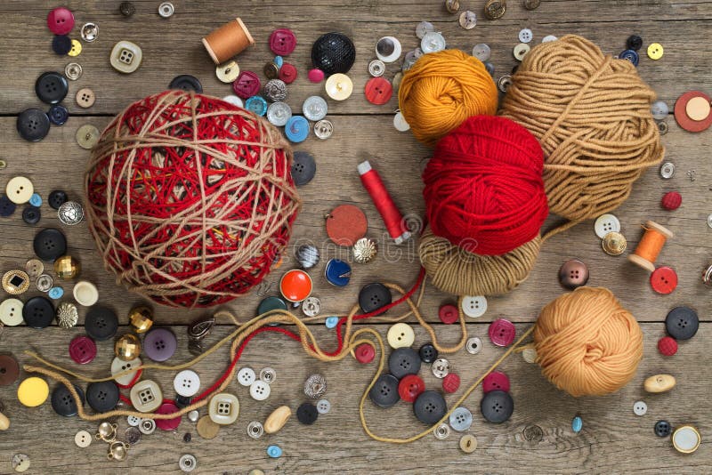 Thread, buttons and yarns stock image. Image of thread - 80554791