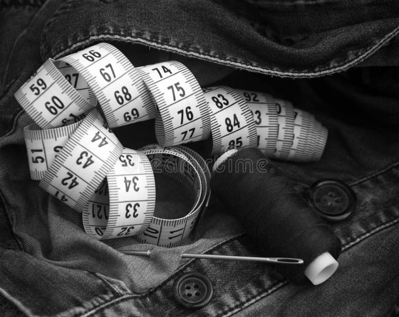 Thread, Needle, Measuring Ruler, Buttons. Stock Image - Image of hand ...