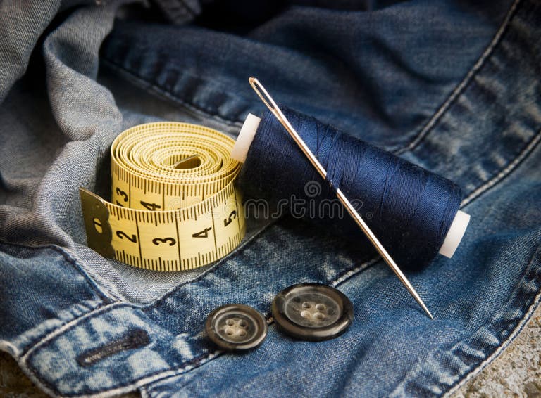 Thread, Needle, Measuring Ruler, Buttons. Stock Image - Image of ...