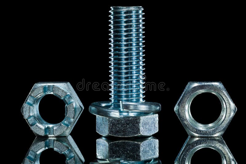 Threaded Crown Nuts Bolts on Black Background Horizontal View Stock ...