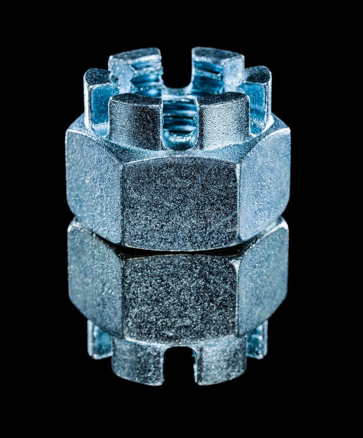 Threaded Crown Nuts Bolts on Black Background Horizontal View Stock ...