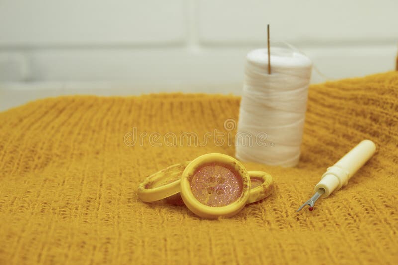 Threads, Needles and Buttons. Close-up Stock Photo - Image of fashion ...