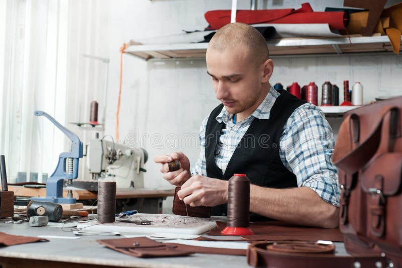 Sewing Leather Goods, Close-up of the Process. Master in the Process of ...