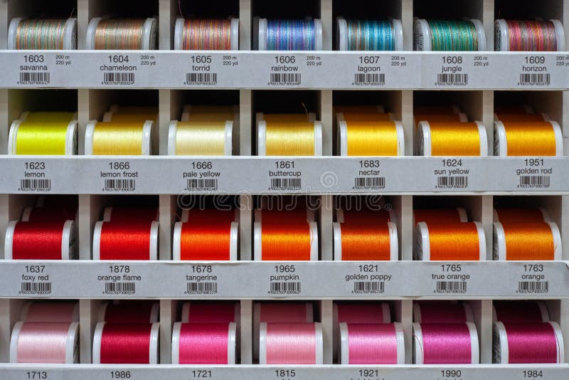 Assorted Colors of Thread on Spools are Sold in the Store. Threads of ...