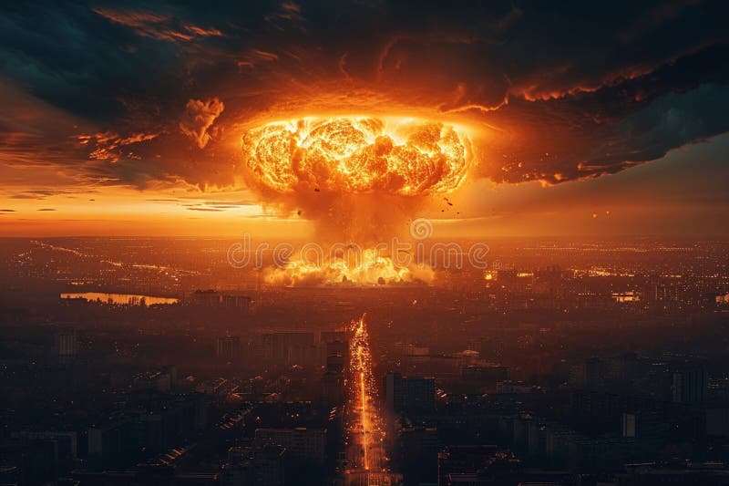 Threatening Sky Nuclear Explosion at Night in a City Stock Illustration ...