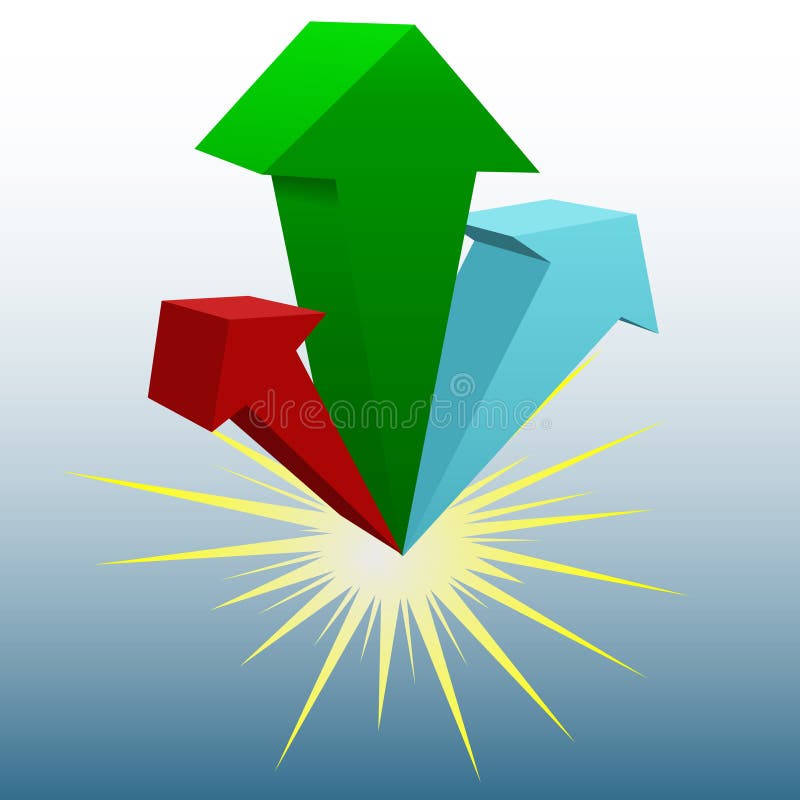 Three 3D Arrows Explode Up in Red, Blue, Green Stock Vector ...