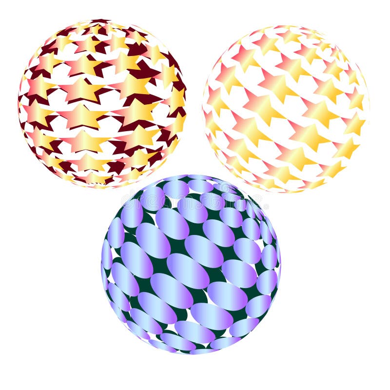 Three Abstract 3D Spheres in Stars and Circles Stock Illustration ...