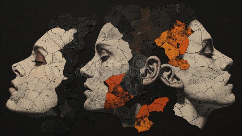 Three Abstract Faces, Side Profile, Fragmented, Layered with Colorful ...