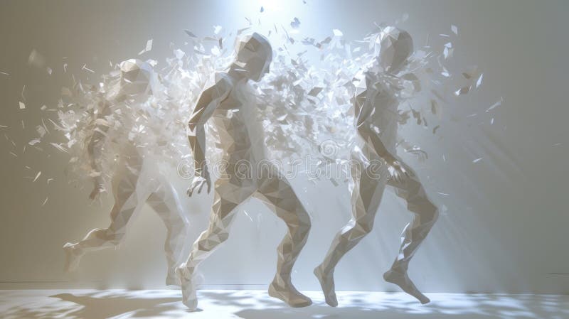 Three Abstract Figures in Mid-transformation with Shards Stock ...