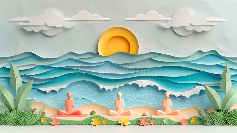 Relaxed Figures Meditating on a Beach at Sunrise with Ocean Waves in ...