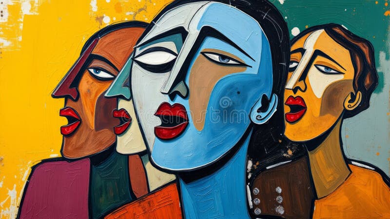 Expressive Portrait of Three Stylized Figures Singing, with Bold Colors ...