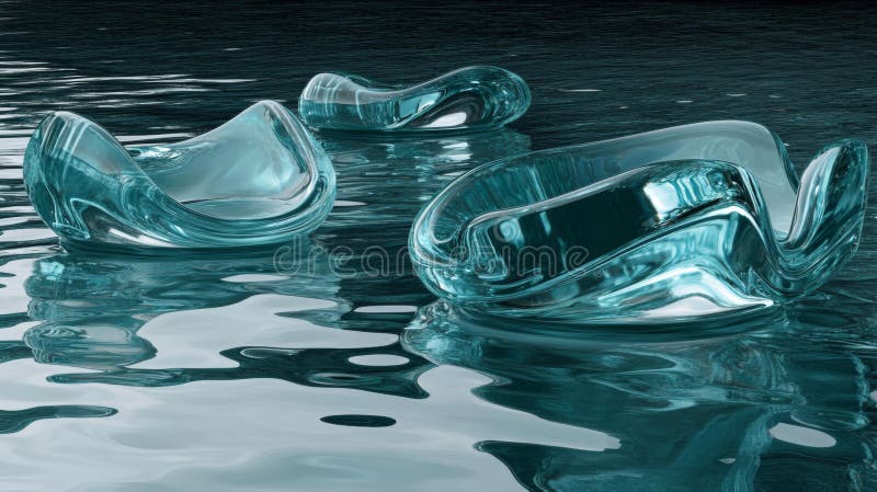 Three Abstract Glass Objects Floating on Teal Water Stock Illustration ...