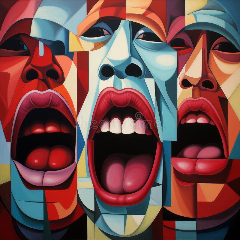 Three Abstract Multi-colored Faces Sing in One Voice. Cubism. AI ...