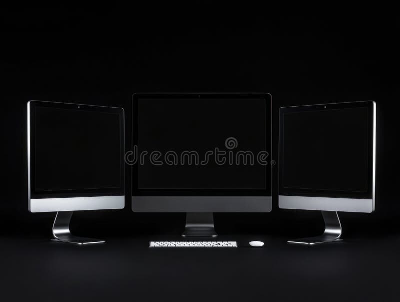 Three Adjacent Computer Screens with Various Digital Interfaces and ...