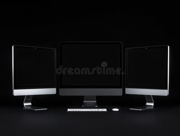 Three Adjacent Computer Screens with Various Digital Interfaces and ...
