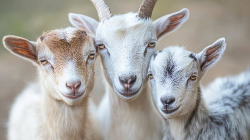 Three Adorable Baby Goats Close Up Portrait Stock Illustration ...
