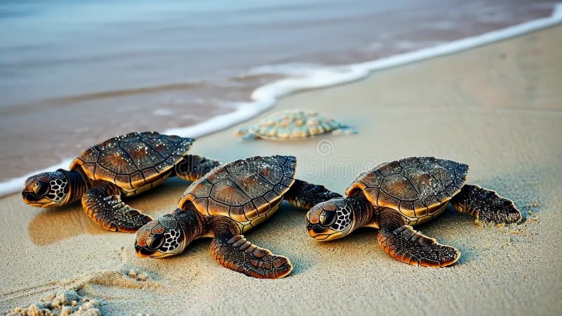 Three Adorable Baby Turtles Making Their Way Across the Sandy Shore, Ai ...