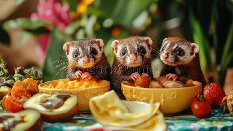 Three Adorable Brown Ferrets Enjoying a Meal of Fruit and Vegetables ...