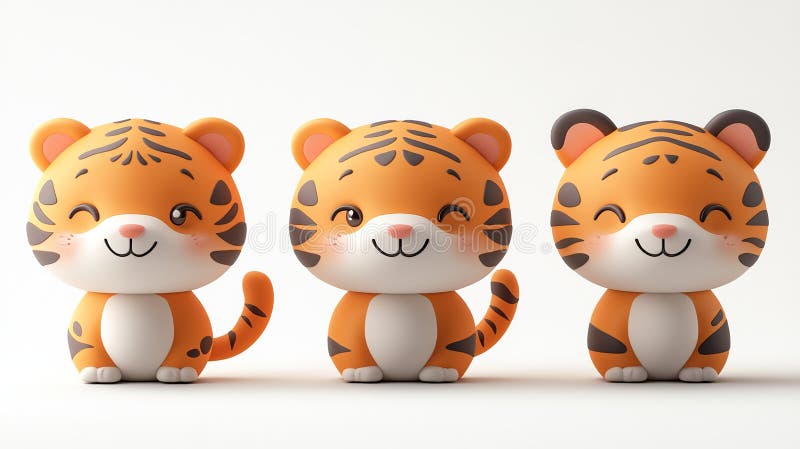 Three Adorable Cartoon Tiger Cubs in a Row, Smiling and Winking Stock ...