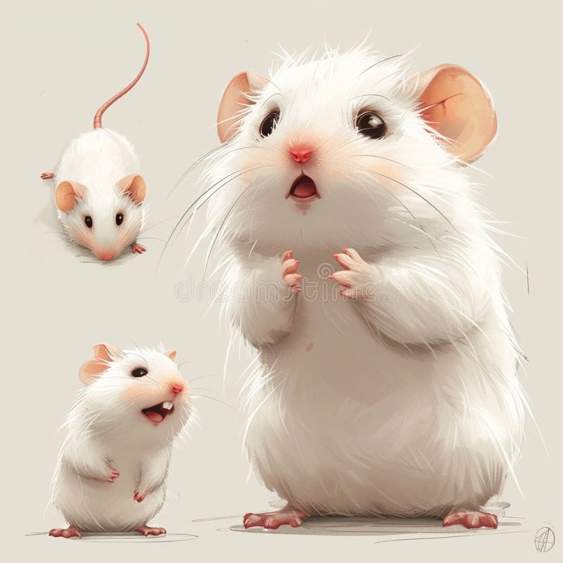 Three Adorable Cartoon White Mice Showcasing Different Playful ...