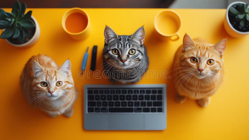 Three Adorable Cats Sitting Around a Laptop on a Bright Yellow Table ...