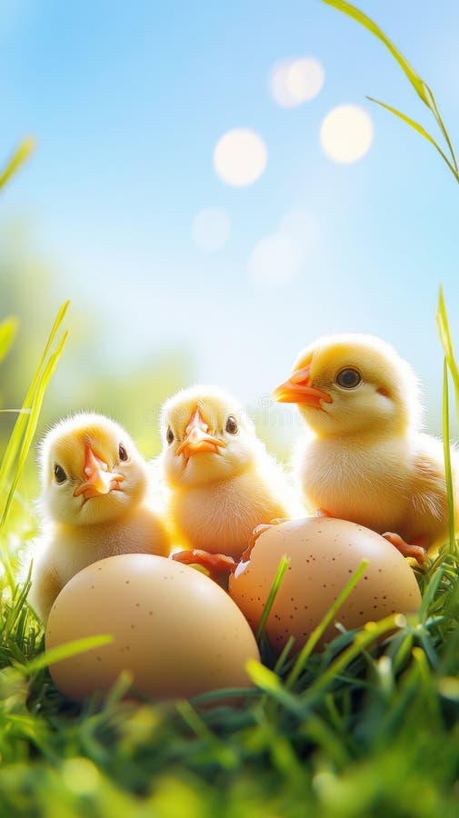 Three Adorable Chicks Hatching from Eggs in Sunny Green Field, Evoking ...