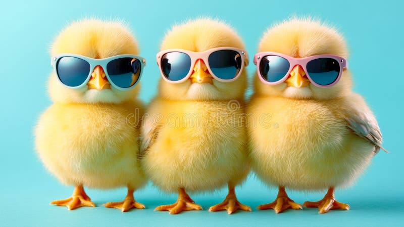Three Adorable Chicks Wearing Sunglasses, Isolated on Blue Background ...