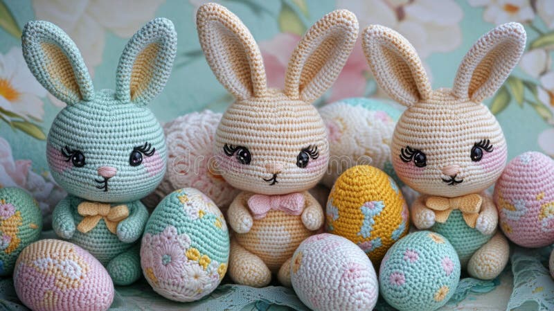 Three Adorable Crochet Bunnies with Pastel Easter Eggs Stock ...