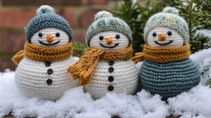 Three Adorable Crochet Snowmen in Winter Setting Stock Illustration ...