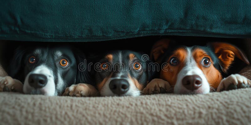 Three Adorable Dogs Peeking from Under a Blanket with Expressive Eyes ...