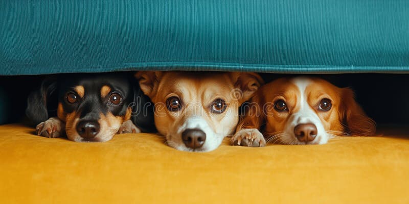 Three Adorable Dogs Peeking from Under a Couch with Curious Expressions ...