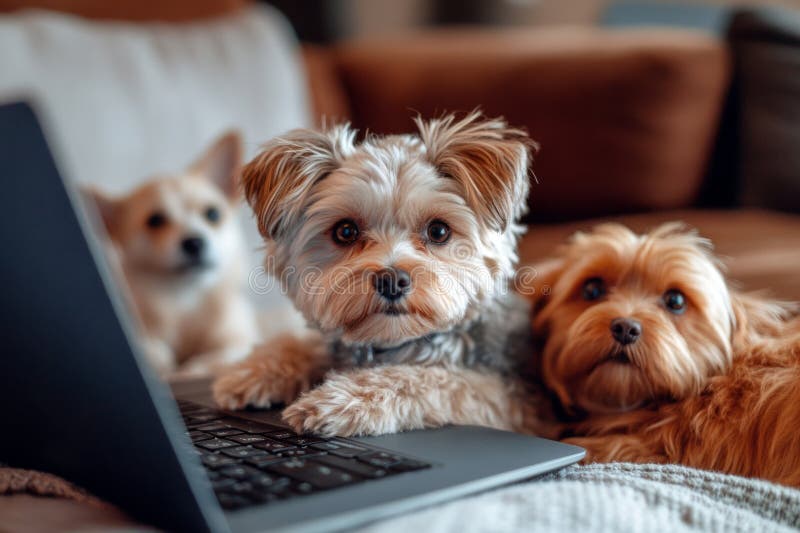Three Adorable Dogs are Using a Laptop Computer while Relaxing on a ...