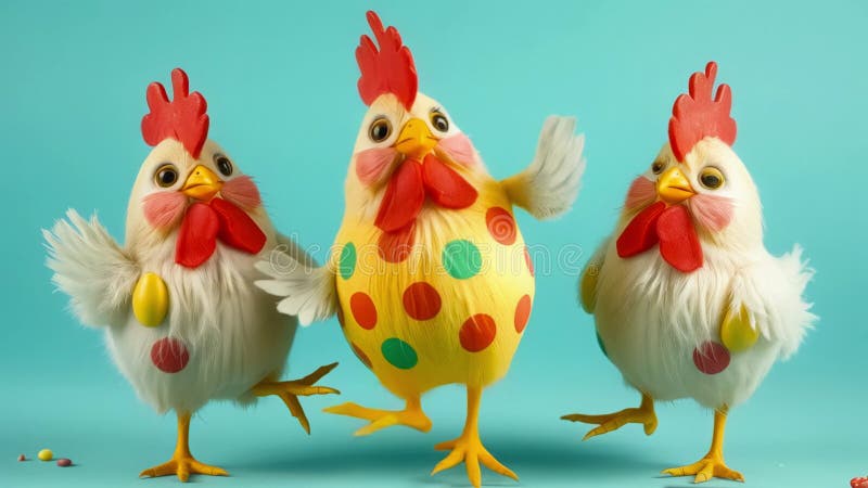 Three Adorable Egg-shaped Chicks with Happy Expressions Dancing, Fluffy ...