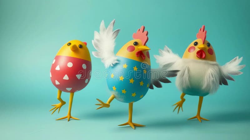 Three Adorable Egg-shaped Chicks with Happy Expressions Dancing, Fluffy ...