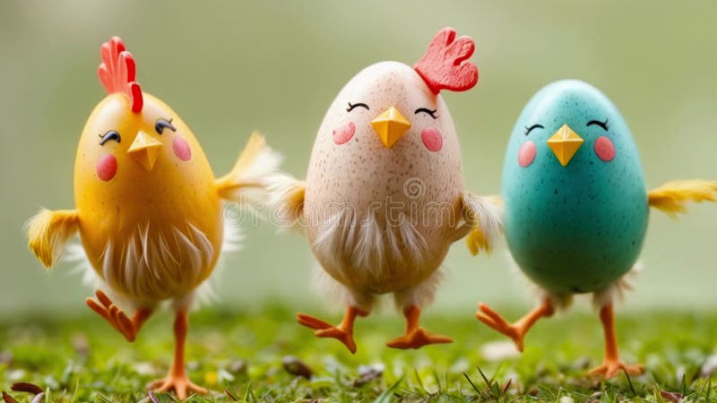Three Adorable Egg-shaped Chicks with Happy Expressions Dancing, Fluffy ...