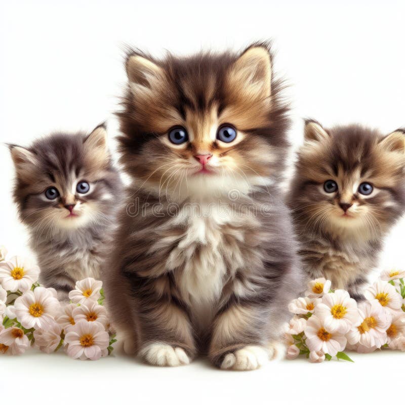 Three Adorable Fluffy Kittens in a Studio Shot Stock Illustration ...
