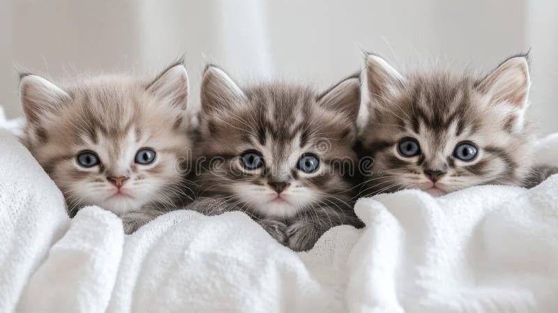 Three Adorable Gray and Brown Kittens Huddled Together in White Blanket ...
