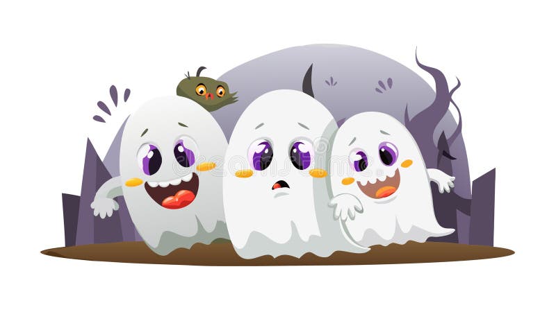Three Adorable Halloween Ghosts with Smiling Jack-o -Lanterns, Vector ...